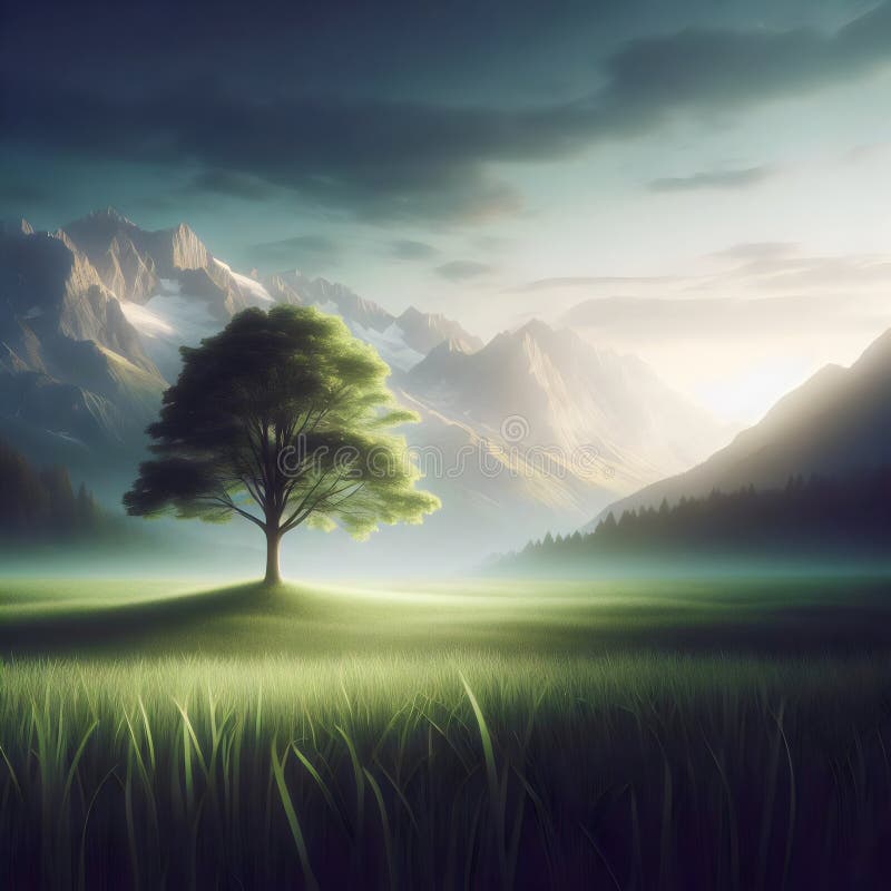 A Single Tree Standing in a Field, with Mountains in the Background and ...