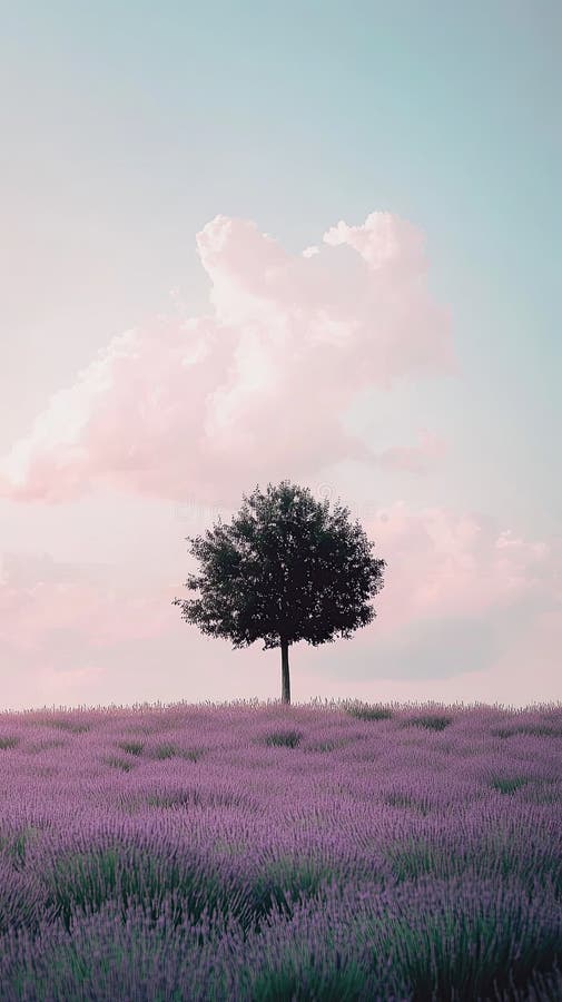 A Single Tree Standing in the Middle of a Lavender Field Under a Pastel ...