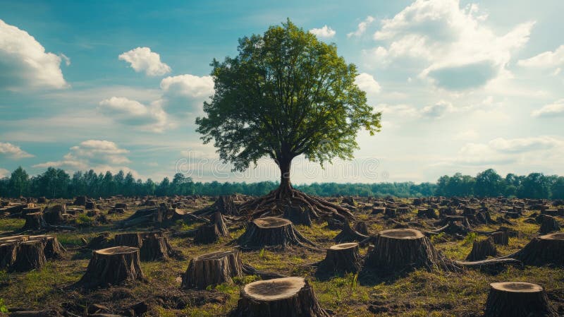 A Single Tree Standing among Numerous Tree Stumps in a Deforested Area ...