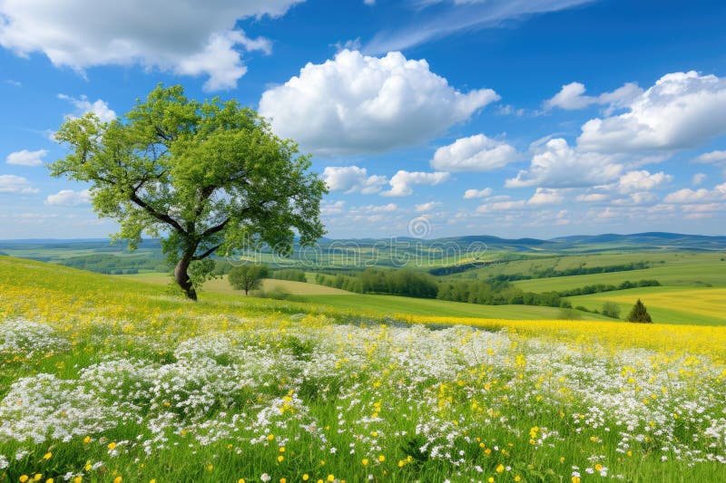 Single Tree Standing Tall Beautiful Field Wildflowers Stock Photos ...