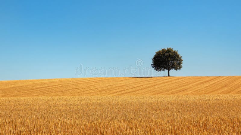 A Single Tree Standing Tall in a Vast Golden Field Under a Clear Blue ...