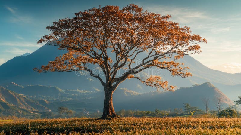 A Single Tree Stands Alone in a Green Field with Mountains Visible in ...