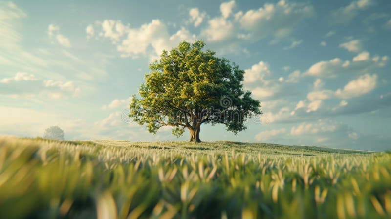 Lone Tree in Green Grass Field Stock Photo - Image of stand, vegetation ...