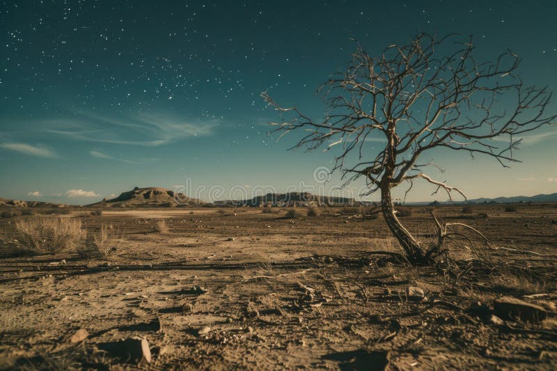 A Single Tree Stands Alone in the Middle of a Desert, with Sandy Dunes ...