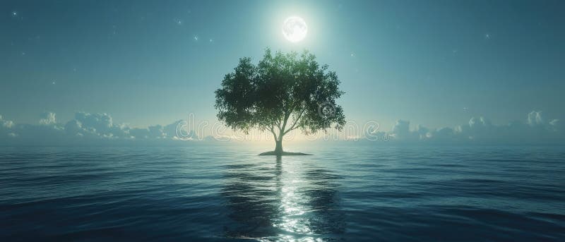 "LONE TREE in OCEAN UNDER BRIGHT MOON at NIGHT" Stock Illustration ...
