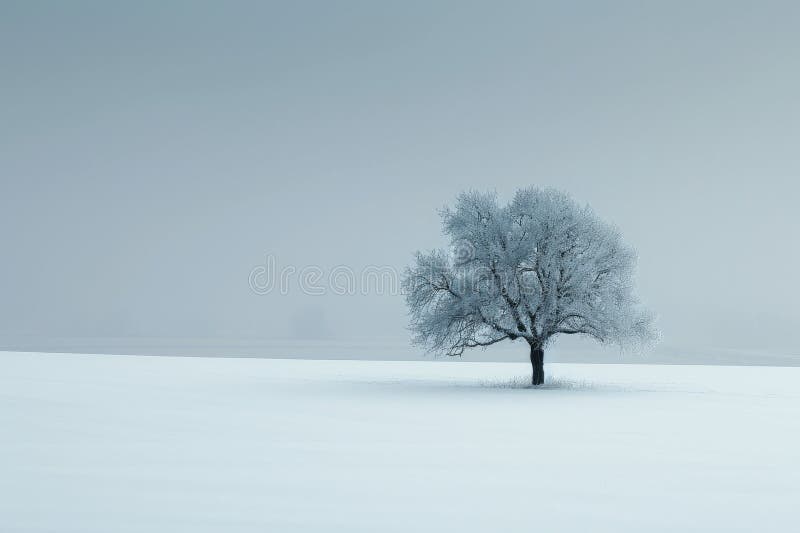 A Single Tree Stands Alone, Surrounded by a Snowy Landscape, a Single ...
