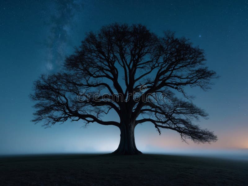A Single Tree Stands Alone Under the Stars on a Quiet Night. Stock ...