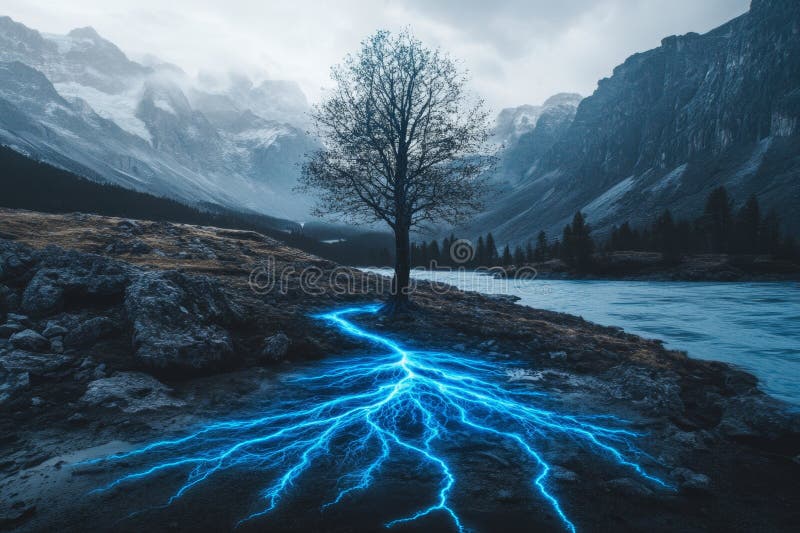 A Solitary Tree with Electric Blue Roots in a Dramatic Mountainous ...