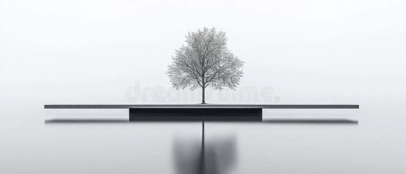 A Single Tree Stands on a Black Platform Floating in a White Void Stock ...
