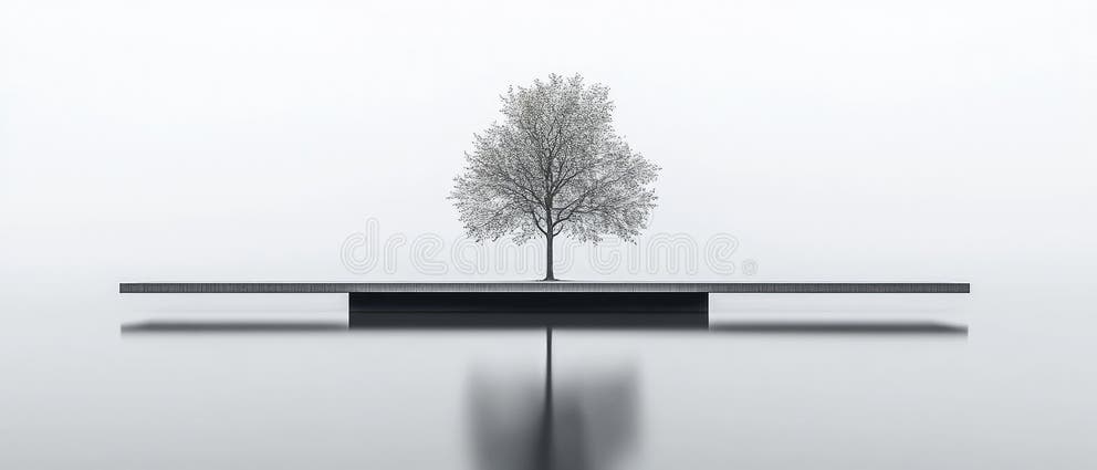 A Single Tree Stands on a Black Platform Floating in a White Void Stock ...