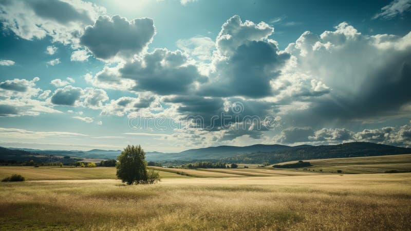 A Single Tree Stands in Golden Fields Under a Dramatic Sky, a Scene of ...