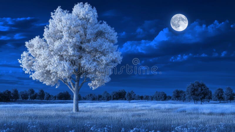 A Single Tree Stands in a Grassy Field, Illuminated by Peaceful ...