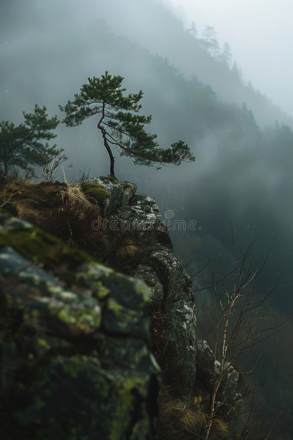 A Single Tree Stands Isolated on a Rugged Cliffside, with Scenic Views ...