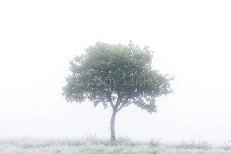 A Single Tree Stands Out in a Misty Open Field Stock Photo - Image of ...