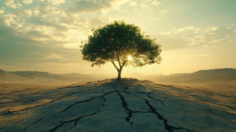 Single Tree Stands Resilient on Cracked, Dry Soil Under Glowing Sky ...