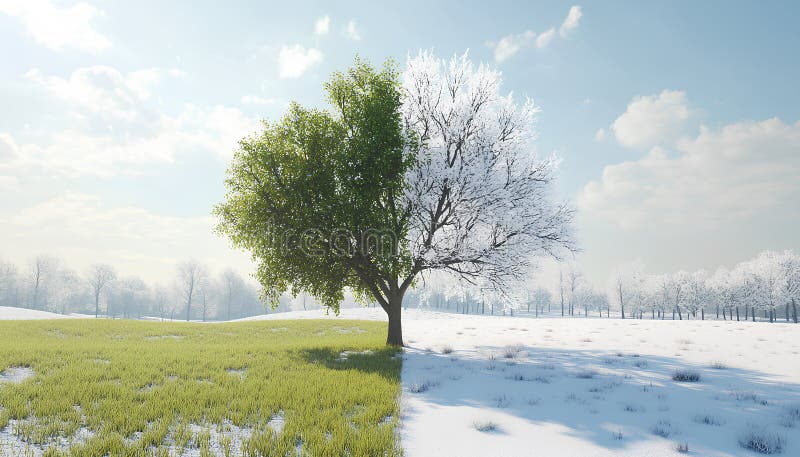 Single Tree Stands between a Snowy Field and Green Grass, Symbolizing ...