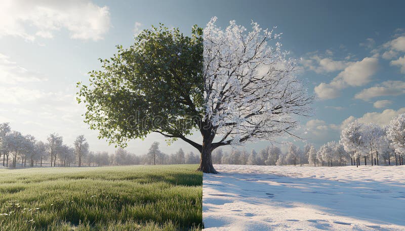 Single Tree Stands between a Snowy Field and Green Grass, Symbolizing ...