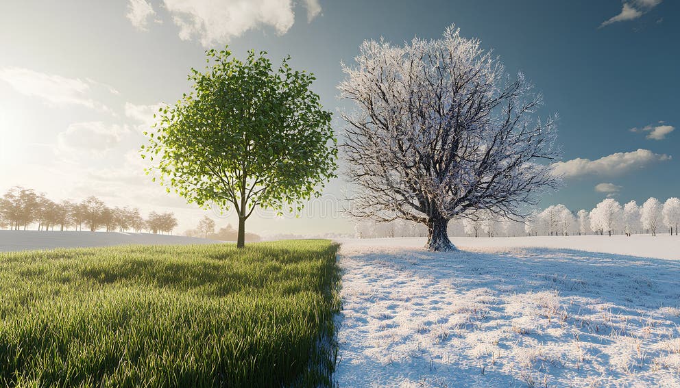 Single Tree Stands between a Snowy Field and Green Grass, Symbolizing ...