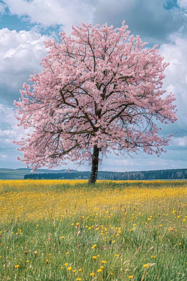 Single Tree Stands Tall Amidst Vibrant Field Yellow Flowers Stock ...