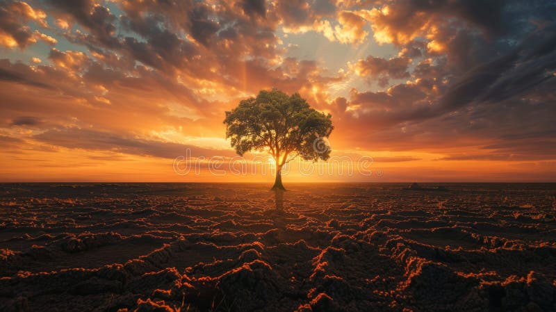 A Single Tree Stands Tall in a Desolate Field As the Sun Sets in a ...