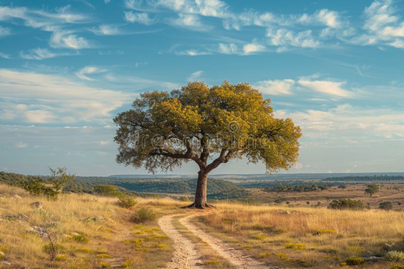 A Single Tree Stands Tall beside a Dirt Road, Surrounded by Open Space ...