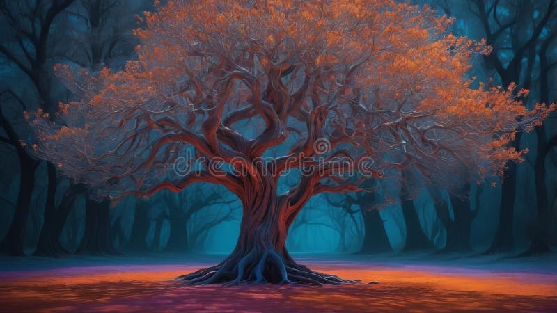 A Single Tree Stands Tall in a Mystical Forest Stock Illustration ...