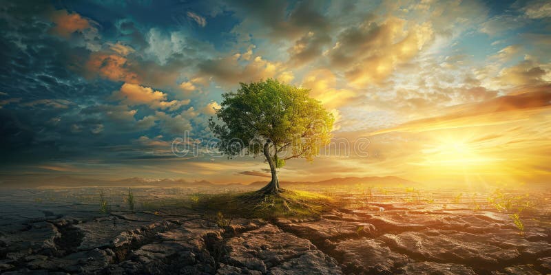 A Single Tree Stands Tall and Proud in a Vast Desert Landscape Stock ...