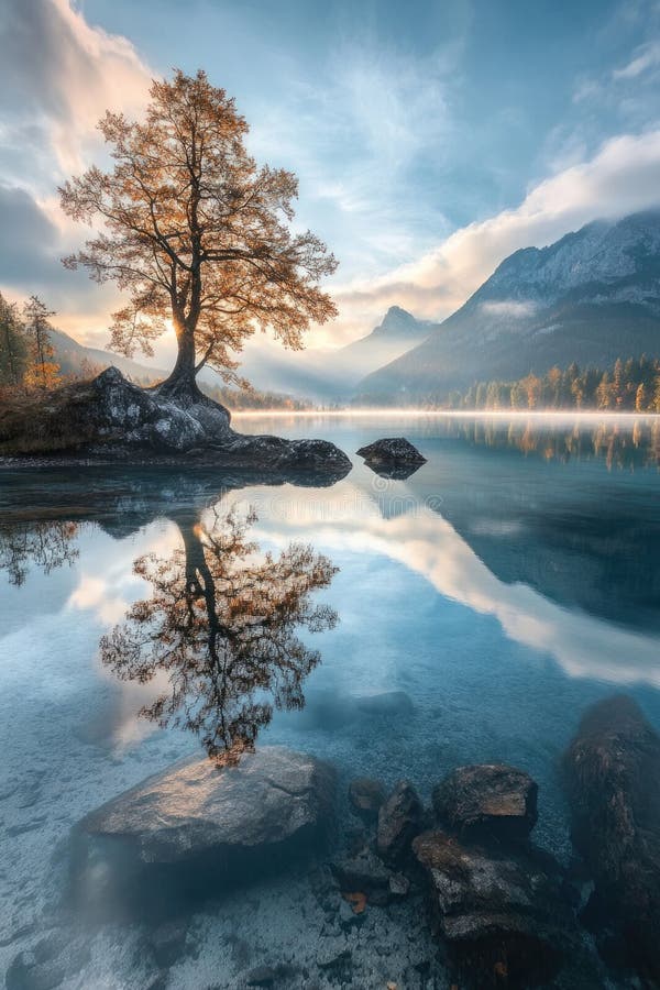 Lone Tree Reflected in Lake Stock Image - Image of solitude, reflection ...