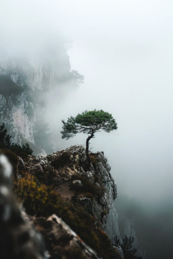 A Single Tree Stands Tall at the Summit of a Rugged Mountain Stock ...