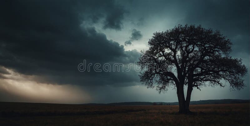 Lone Tree Standing in Field Under Cloudy Sky Stock Illustration ...