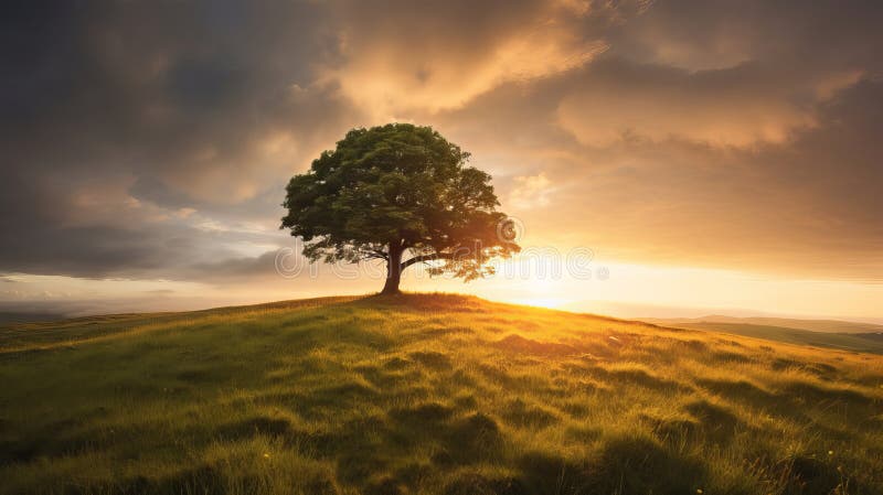 Single Tree Under Clouded Sky at Sunset. Stock Illustration ...