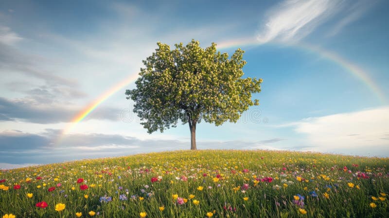Single Tree in Vibrant Wildflower Meadow with Rainbow Stock ...