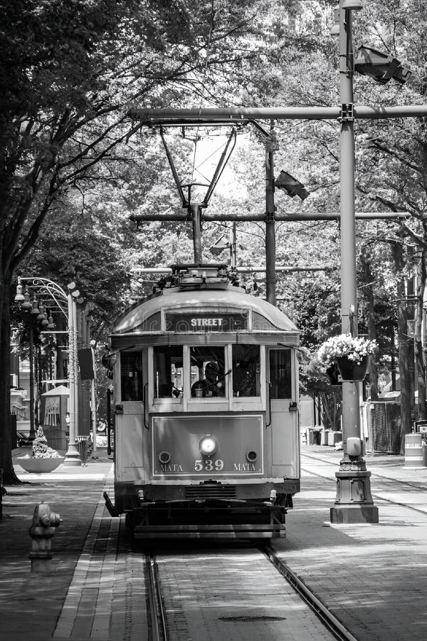 Single Trolley Tram on a Track Against a Sky Backdrop in Monochrome ...