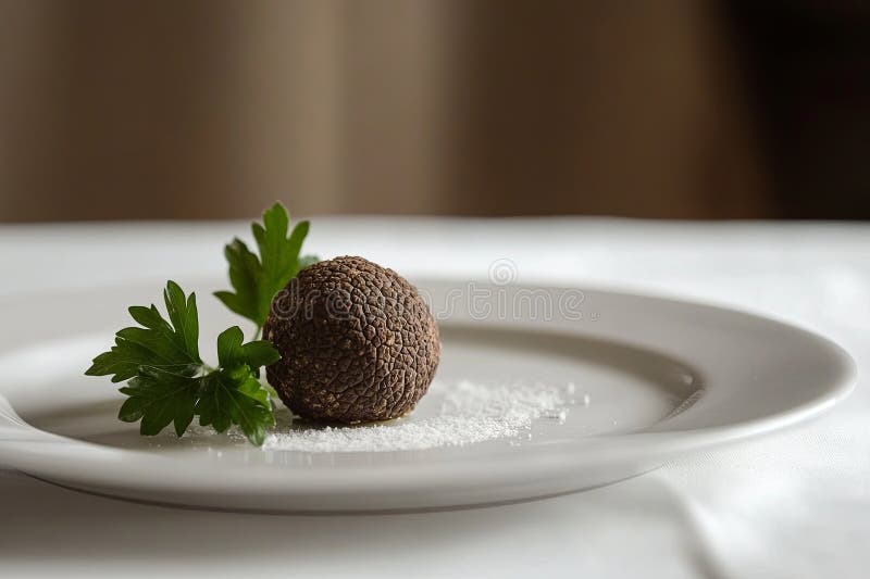 A Single Truffle Resting on a Clean White Plate with a Sprig of Stock ...