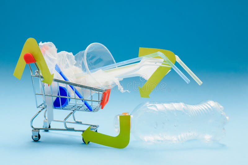 Single Use, Disposable Tableware and Recycling Sign on Background ...