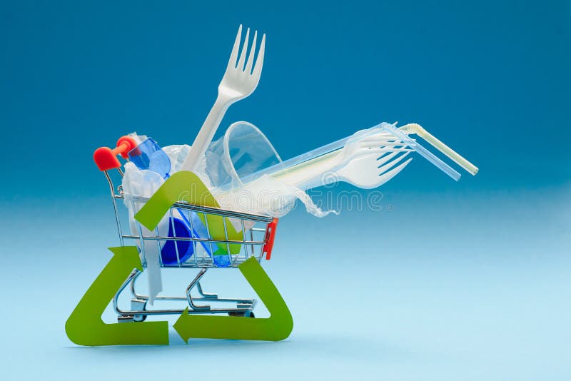 Single Use, Disposable Tableware and Recycling Sign on Background ...