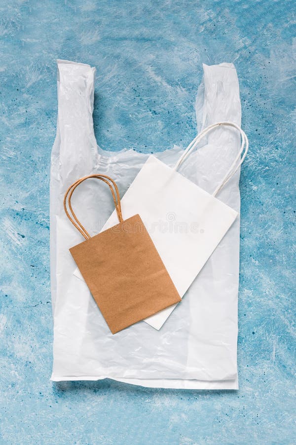 Single Use Plastic Bag Next To Paper Ones, Plastic Pollution and ...