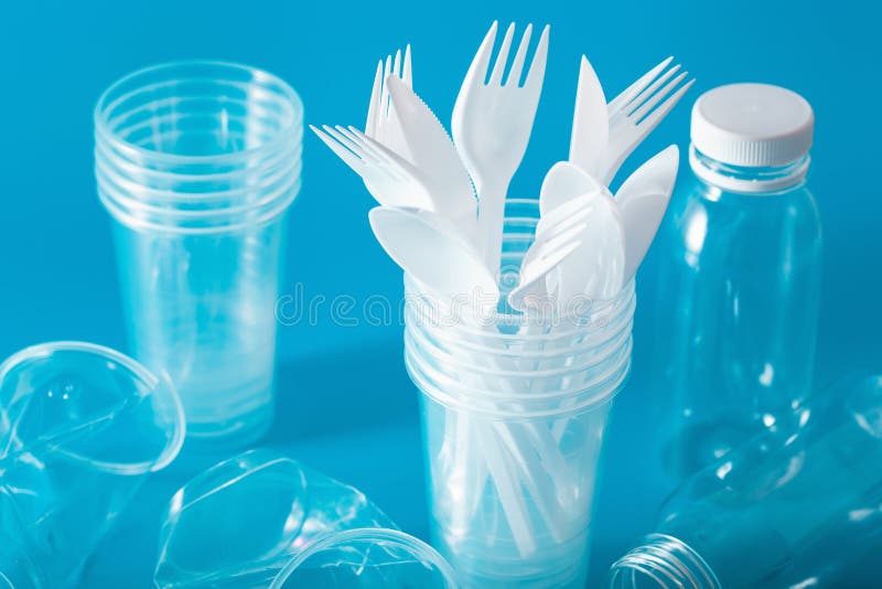 Single Use Plastic Cups, Forks, Spoons. Concept of Recycling Plastic ...