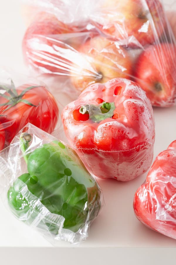 Single Use Plastic Packaging Issue. Peppers Tomatoes Apples Vegetables ...