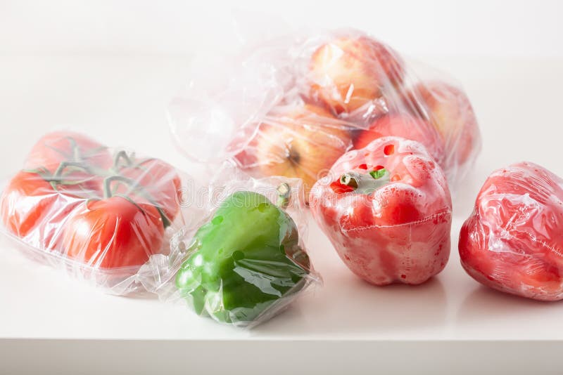 Single Use Plastic Packaging Issue. Peppers Tomatoes Apples Vegetables ...