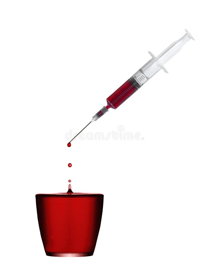 A Single Use Syringe with Blood and Droplets Falling into Full ...