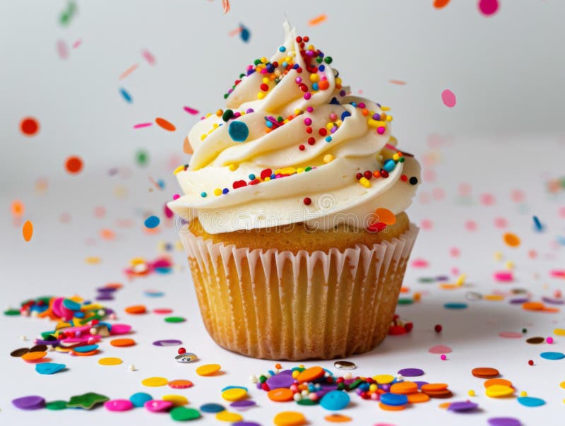 A Single Vanilla Cupcake Topped with Colorful Sprinkles and Confetti ...