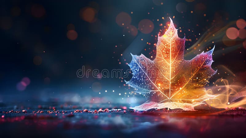 A Single, Vibrant Autumn Leaf Illuminated with Sparkling Lights ...