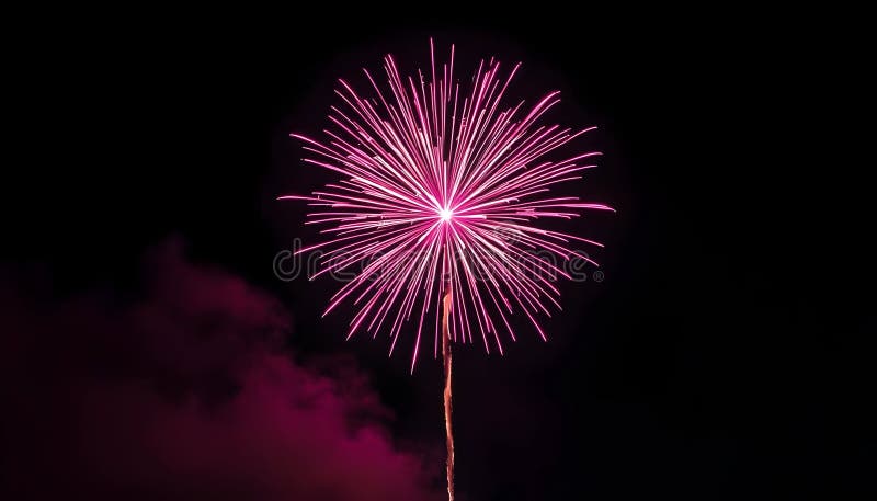 Pink Firework Exploding Against Black Night Sky with Smoke and Central ...