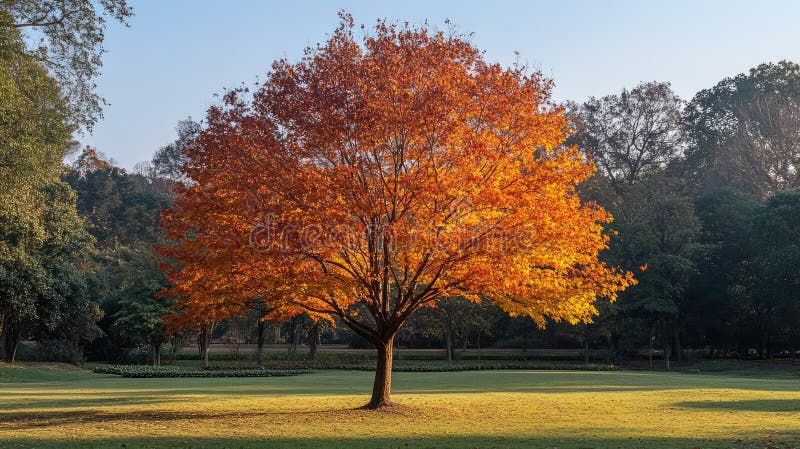 SINGLE VIBRANT RED and ORANGE TREE STANDING OUT in a FIELD with OTHER ...