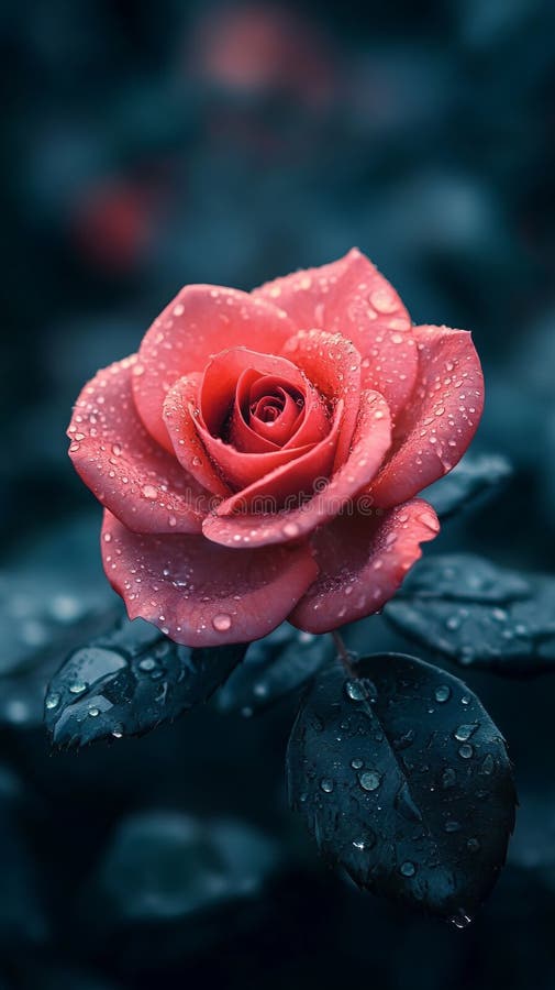 A Single, Vibrant Red Rose with Water Droplets on Its Petals. Stock ...