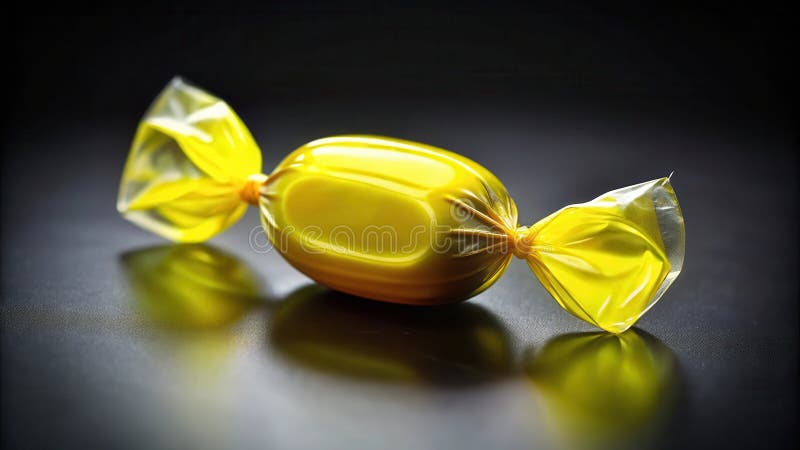 A Single, Vibrant Yellow Candy Wrapped in Glossy, Translucent Packaging ...