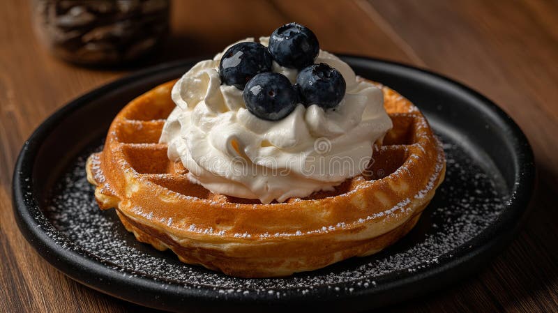 A Single Waffle Topped with Whipped Cream and a Few Blueberries Stock ...