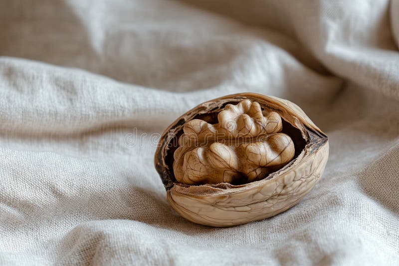 Single Walnut Placed Inside Cracked Shell Neutral Fabric Stock Photos ...