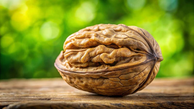 A Single Walnut Rests on a Rustic Wooden Surface, with a Blurred Green ...